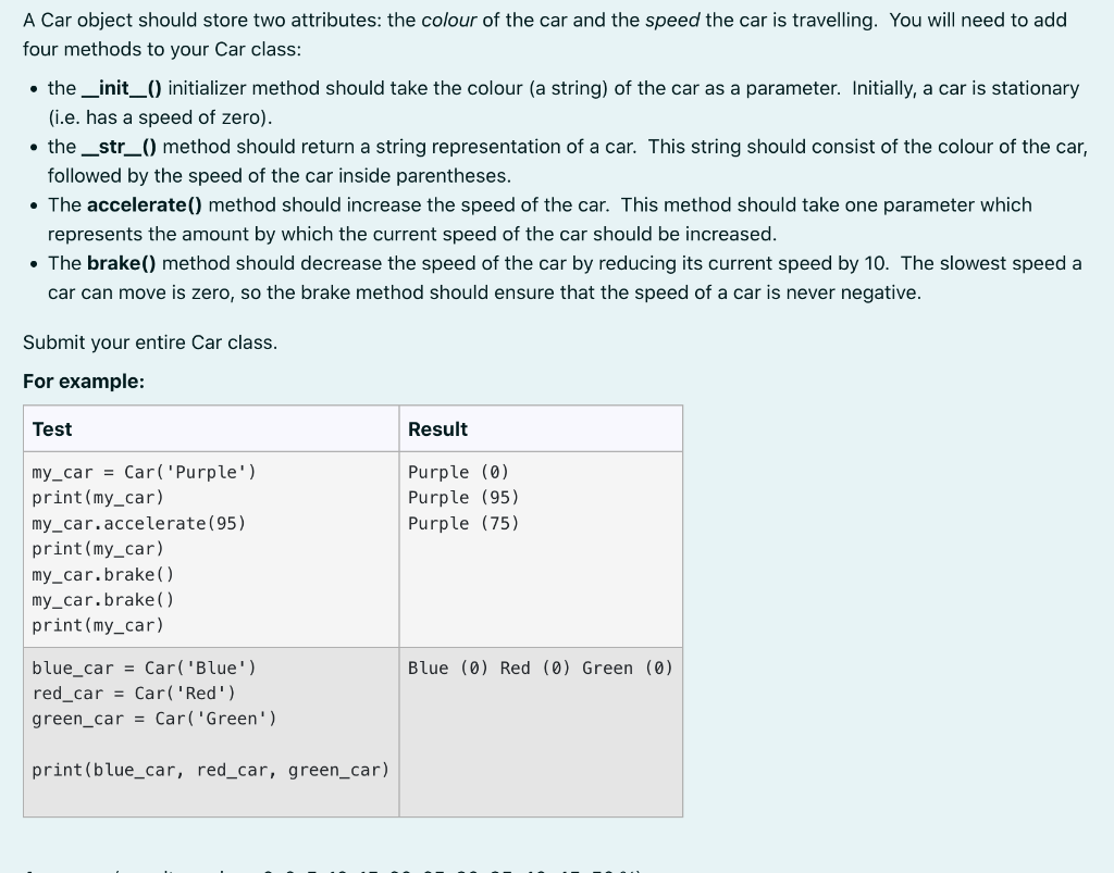 Solved A Car object should store two attributes: the colour | Chegg.com