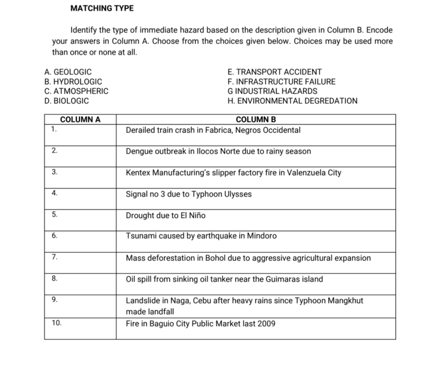 Solved MATCHING TYPE Identify the type of immediate hazard | Chegg.com