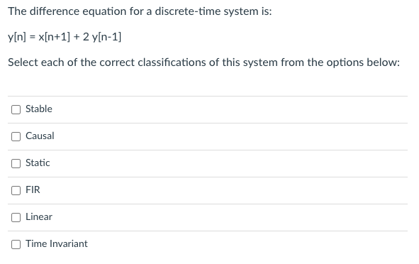 Solved The difference equation for a discrete-time system | Chegg.com