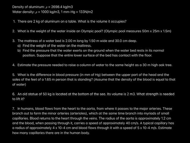 Density of aluminum: ρ=2698.4 kg/m3 Water density: | Chegg.com
