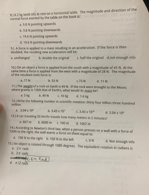 Solved 8.) A 2 kg book sits at rest on a horizontal table. | Chegg.com