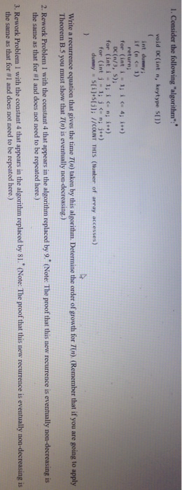 Solved l. Consider the following "algorithm void DC (int n, | Chegg.com
