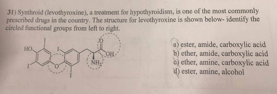Solved 31) Synthroid (levothyroxine), a treatment for | Chegg.com