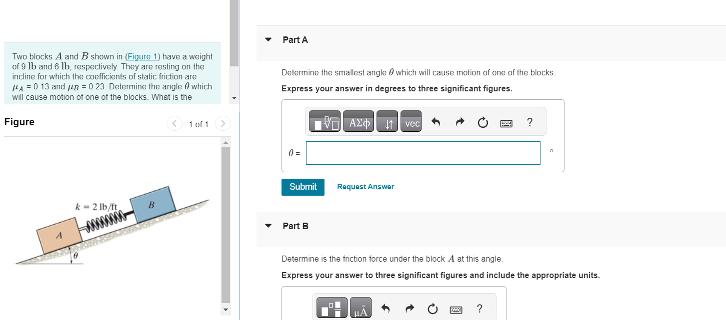 Solved Two blocks A and B shown in (Figure 1) have a weight | Chegg.com