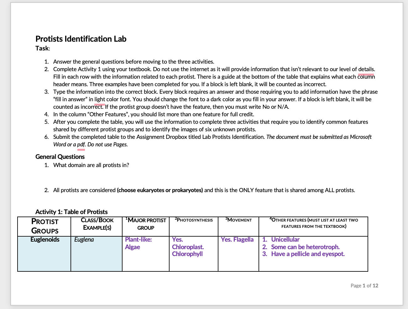 Solved Protists Identification Lab Task: 1. Answer the | Chegg.com