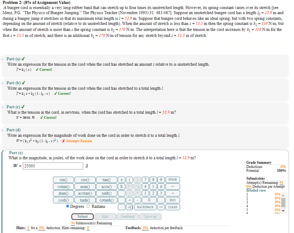 Solved Problem 2: (8% ﻿of Assignment Value)A bungee cord is | Chegg.com