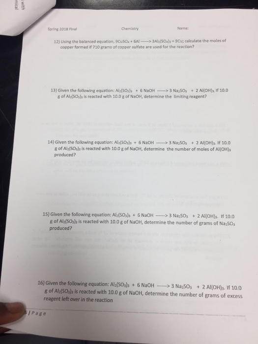 Solved Spring 2018 Final Chemistny Name: 12) Using the | Chegg.com