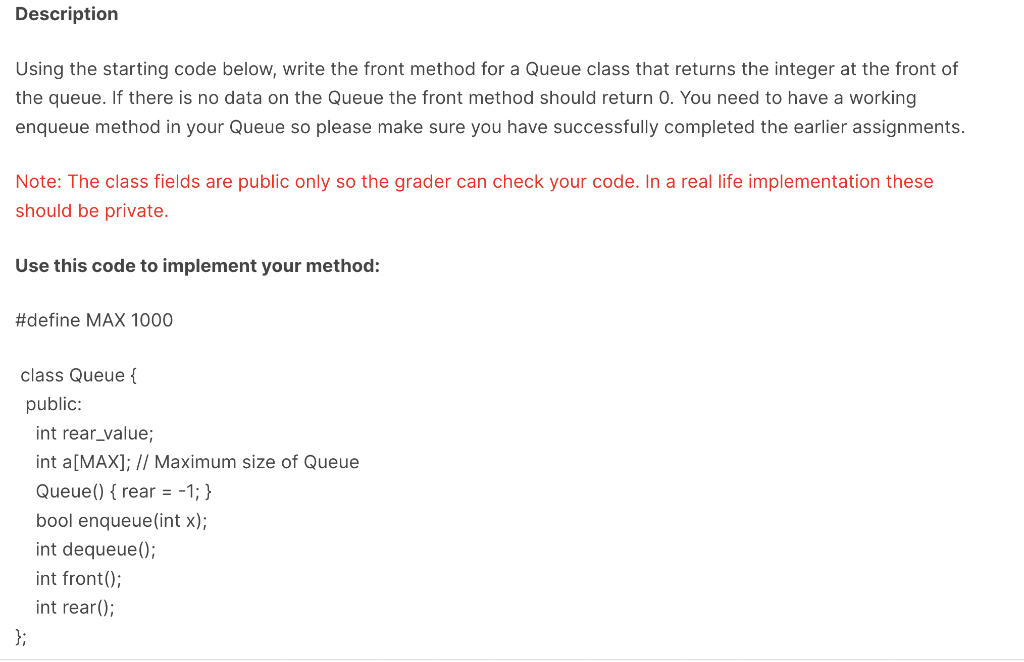 Solved Using the starting code below, write the front method | Chegg.com
