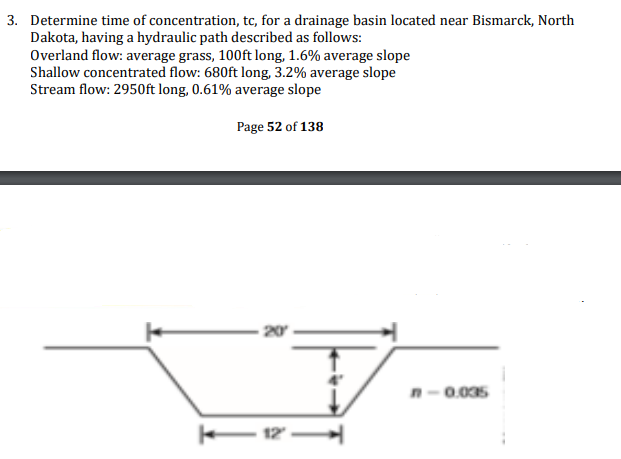 Solved 3. Determine time of concentration, tc, for a | Chegg.com