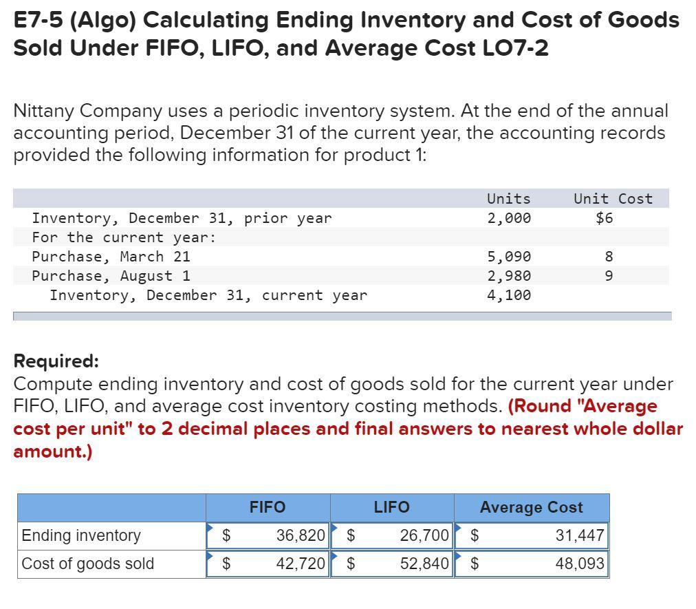 Solved E7-5 (Algo) Calculating Ending Inventory and Cost of | Chegg.com