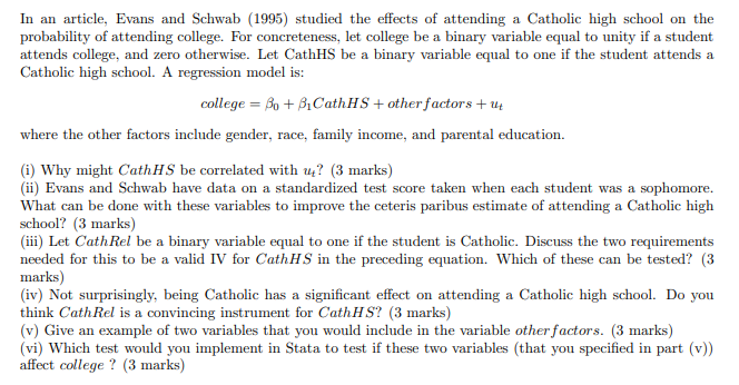 Solved In an article, Evans and Schwab (1995) studied the | Chegg.com