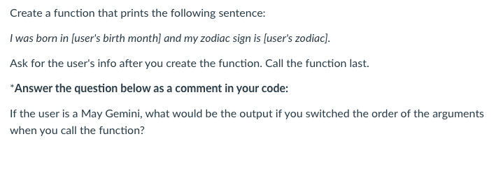Solved Create a function that prints the following sentence: | Chegg.com