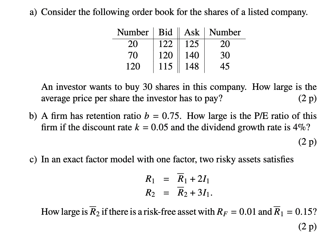 a) Consider the following order book for the shares | Chegg.com
