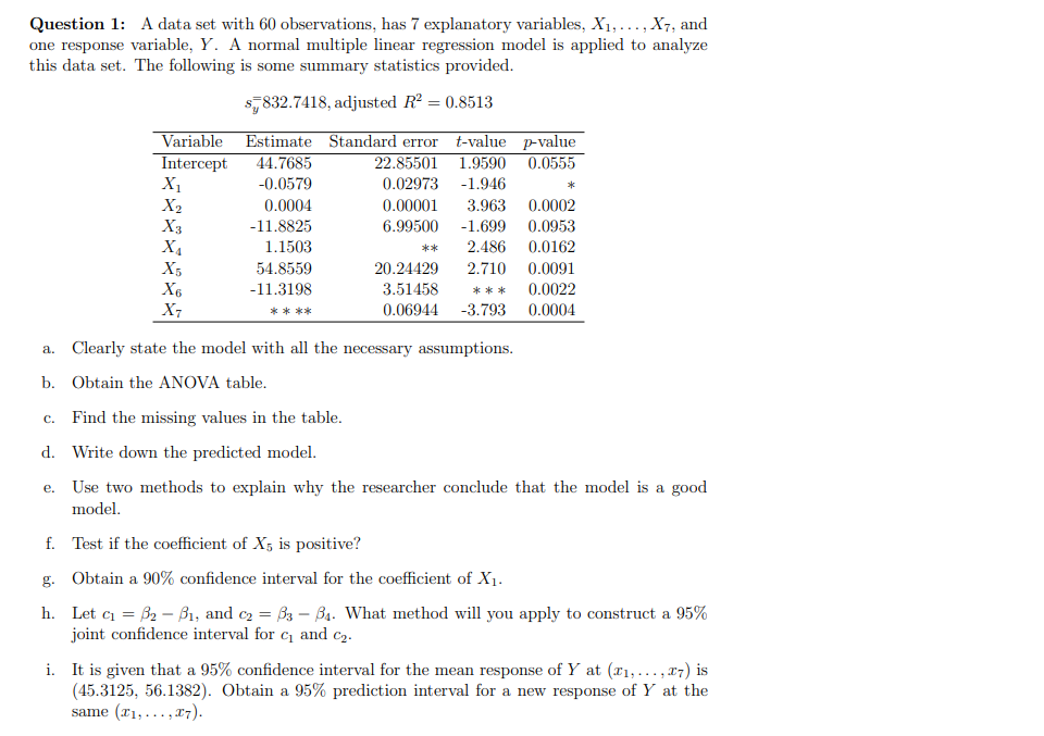 Solved Question 1: A data set with 60 observations, has 7 | Chegg.com