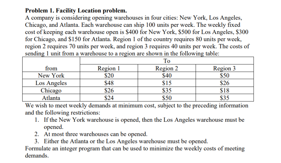 Solved Problem 1. Facility Location problem. A company is | Chegg.com