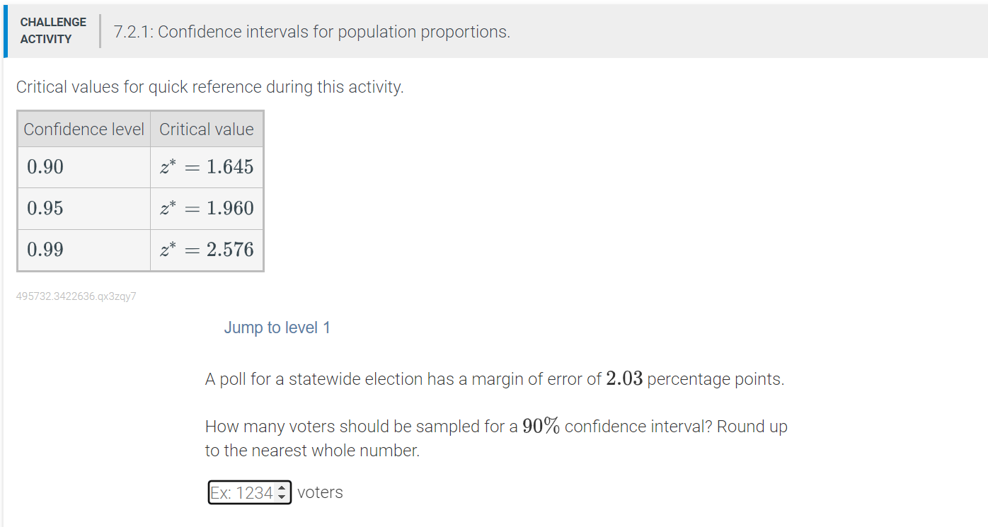 Solved CHALLENGE ACTIVITY 7.2.1: Confidence intervals for | Chegg.com