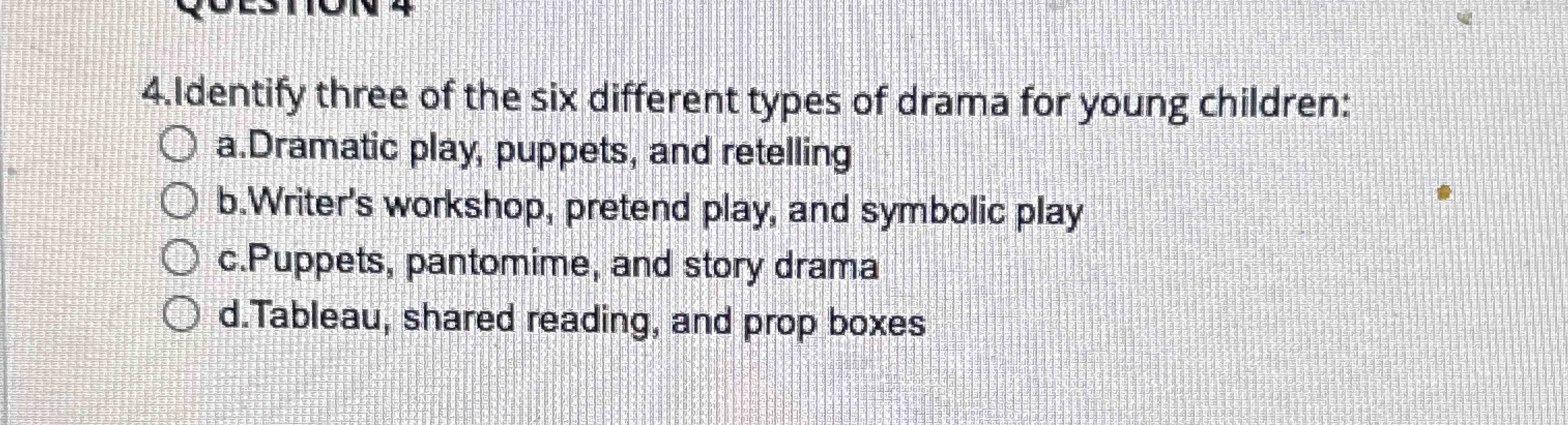 Solved Identify three of the six different types of drama | Chegg.com
