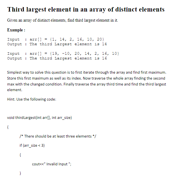 Solved Third largest element in an array of distinct | Chegg.com