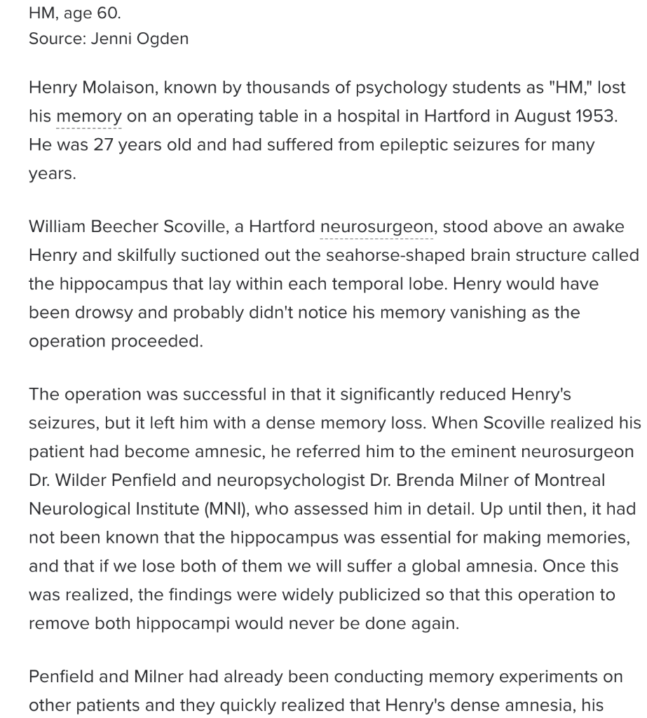 Solved HM, age 60. Source: Jenni Ogden Henry Molaison, known | Chegg.com