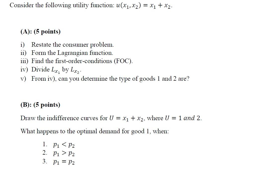 Consider the following utility function: u(x1, x2) = | Chegg.com