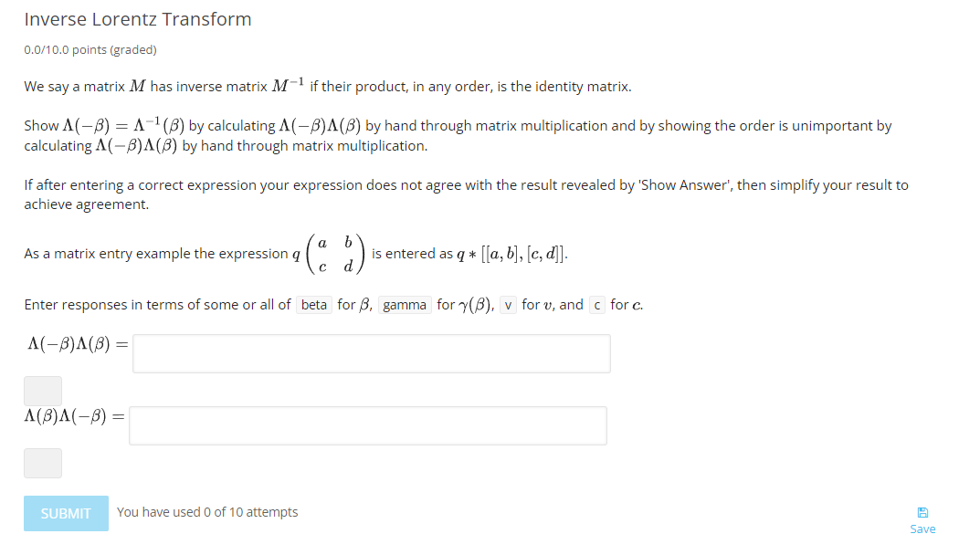 Solved H : Lorentz Transformation In common-dimension ' c=1 | Chegg.com