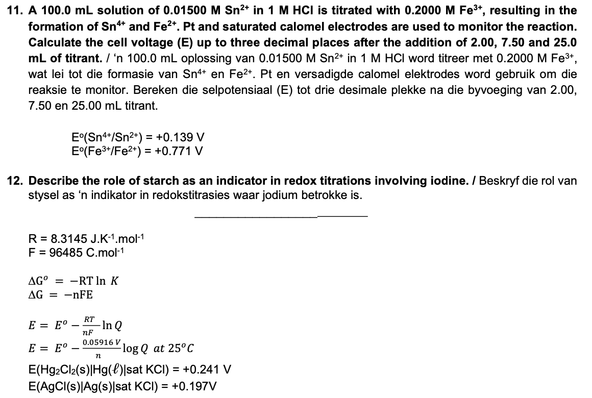 11. A 100.0 mL solution of 0.01500MSn2+ in 1MHCl is | Chegg.com