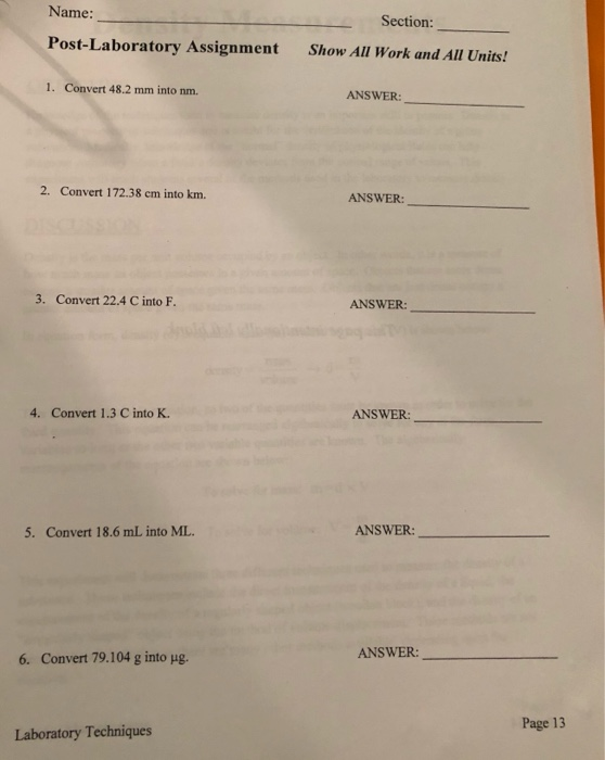 Solved Name: Section: Post-Laboratory Assignment Show All | Chegg.com