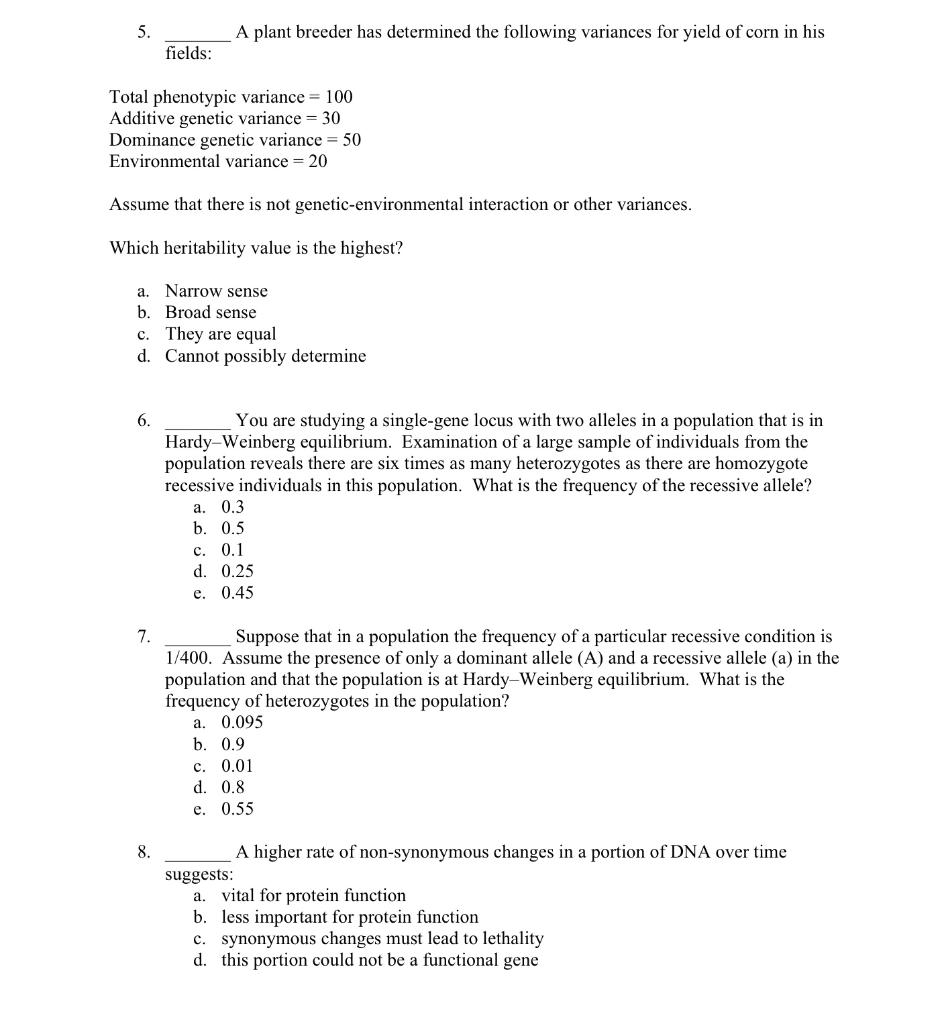 Solved 5. A plant breeder has determined the following | Chegg.com