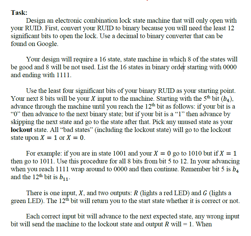 Solved Task: Design an electronic combination lock state | Chegg.com