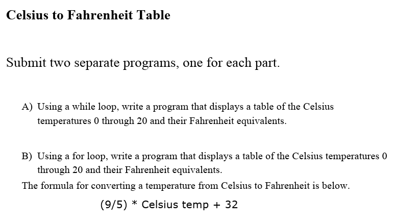 Solved Celsius to Fahrenheit Table Submit two separate | Chegg.com