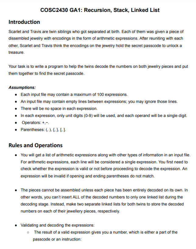 COSC2430 GA1: Recursion, Stack, Linked List | Chegg.com