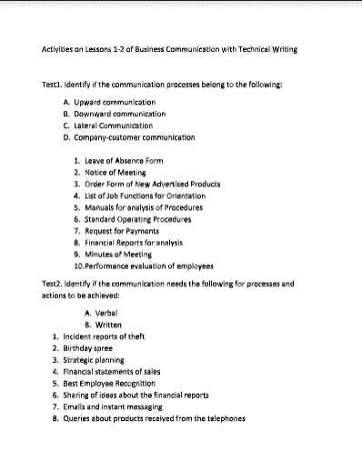 Solved Activities on Lessons 1-2 of Business Communication | Chegg.com