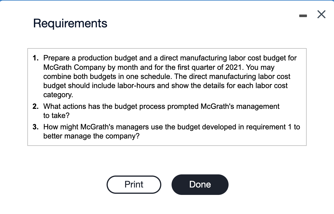 Solved Requirements 1. Prepare a production budget and a | Chegg.com