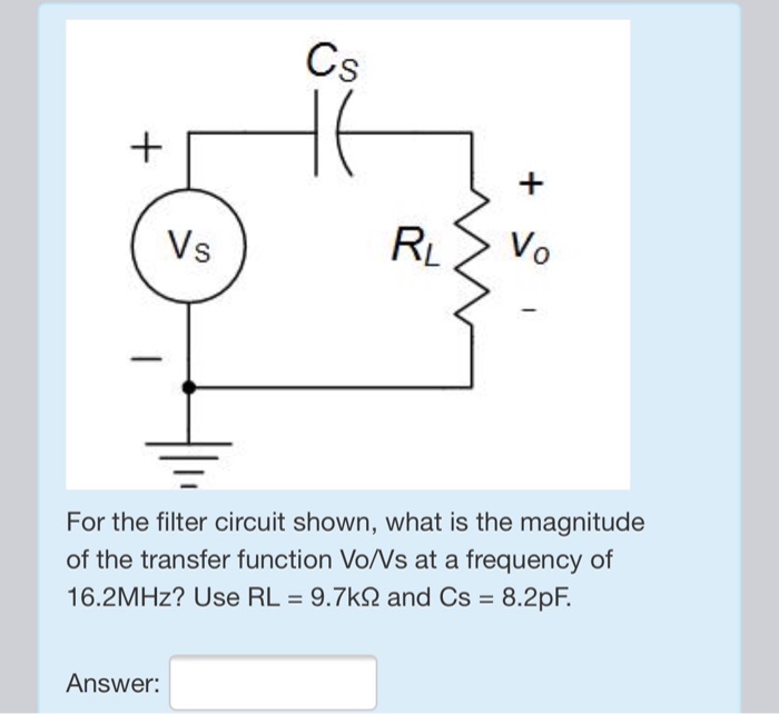 Solved For the filter circuit shown, what is the magnitude | Chegg.com