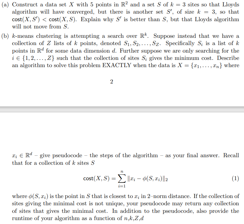 Solved (a) Construct a data set X with 5 points in R2 and a | Chegg.com