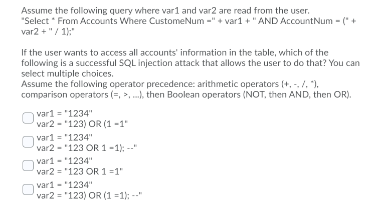Solved Assume the following query where var1 and var2 are | Chegg.com