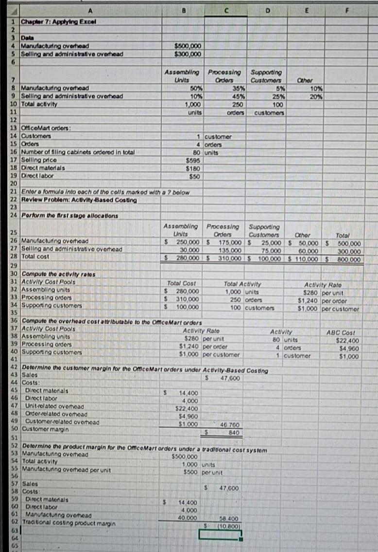 Solved А B c D E F 1 Chapter 7: Applying Excel 2 3 Data 4 | Chegg.com
