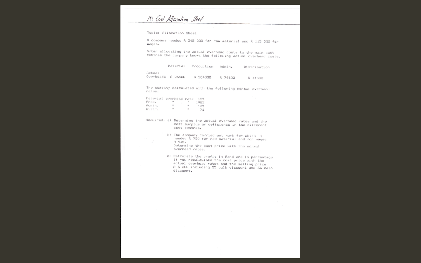 Solved Topic: Allocation SheetA company peeded R,245000 ﻿for | Chegg.com