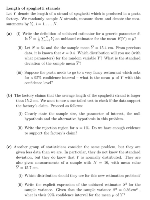 Solved Length of spaghetti strands Let Y denote the length | Chegg.com