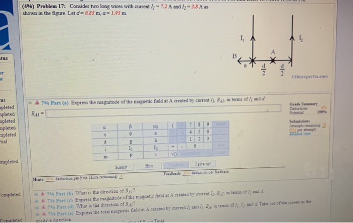 Solved (4%) Problem 17: Consider two long wires with current | Chegg.com
