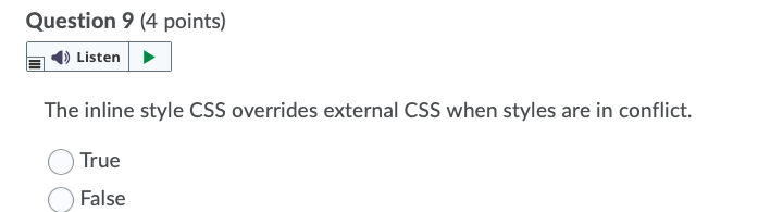 Solved Question 9 (4 points) Listen The inline style CSS | Chegg.com