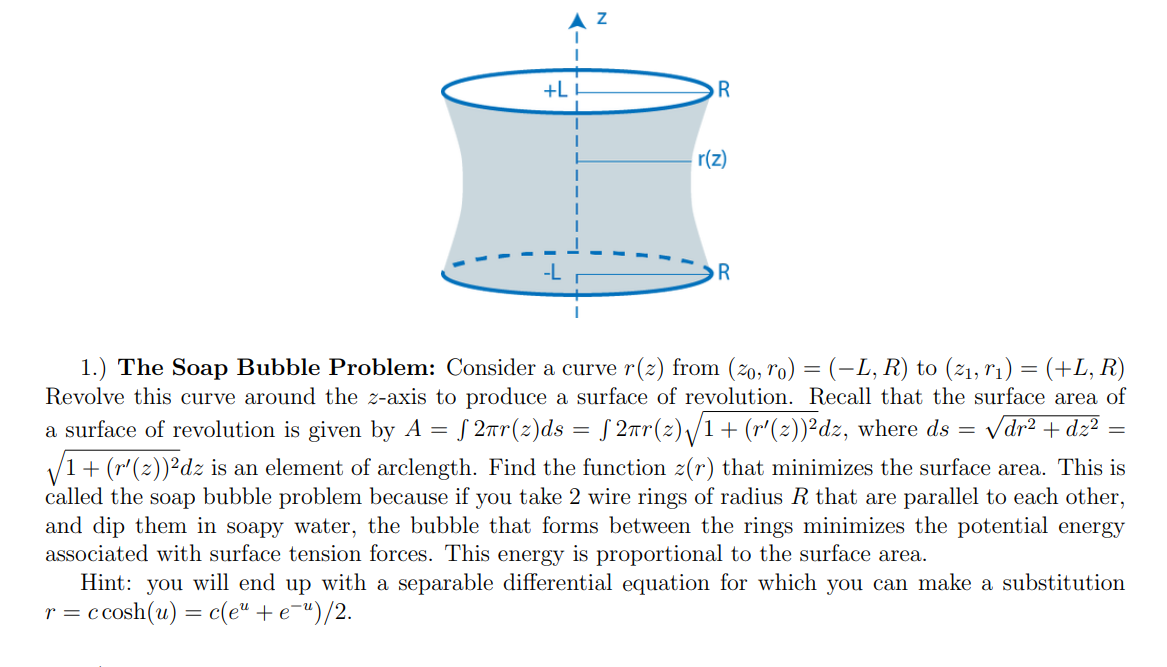 Solved 1.) The Soap Bubble Problem: Consider a curve r(z) | Chegg.com