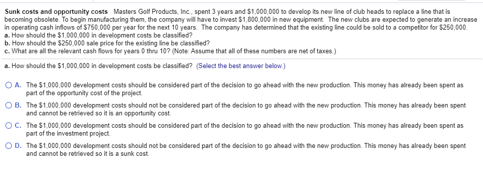 Solved Sunk costs and opportunity costs Masters Golf | Chegg.com