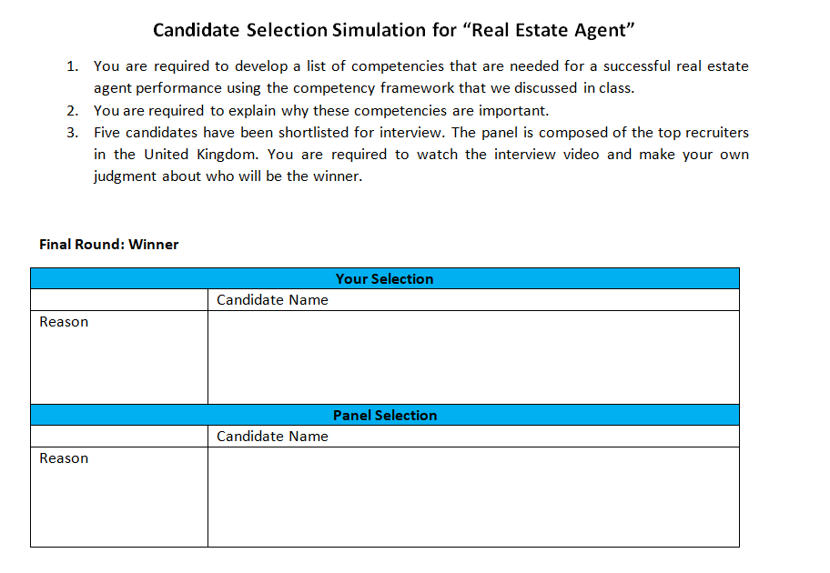 Solved Candidate Selection Simulation for "Real Estate | Chegg.com