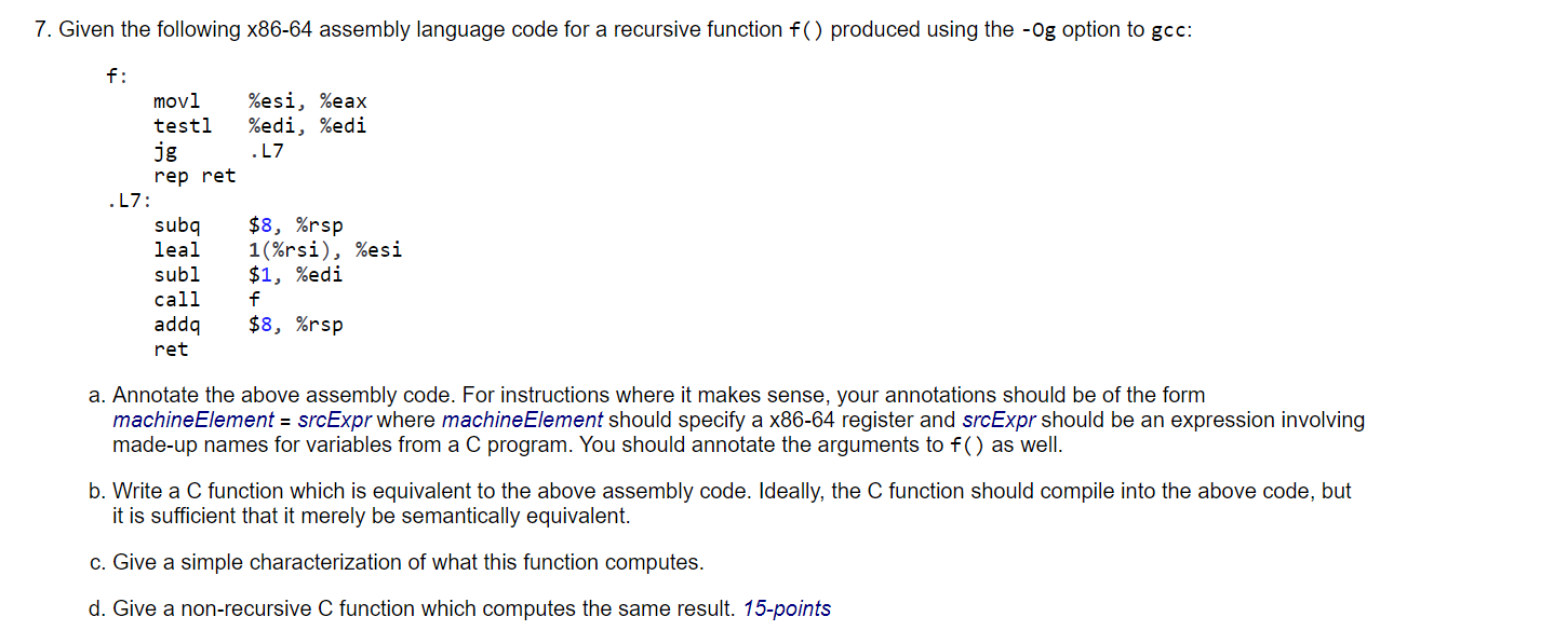 7. Given the following x86-64 assembly language code | Chegg.com