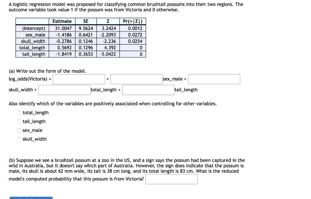 Solved A logistic regression model was proposed for | Chegg.com