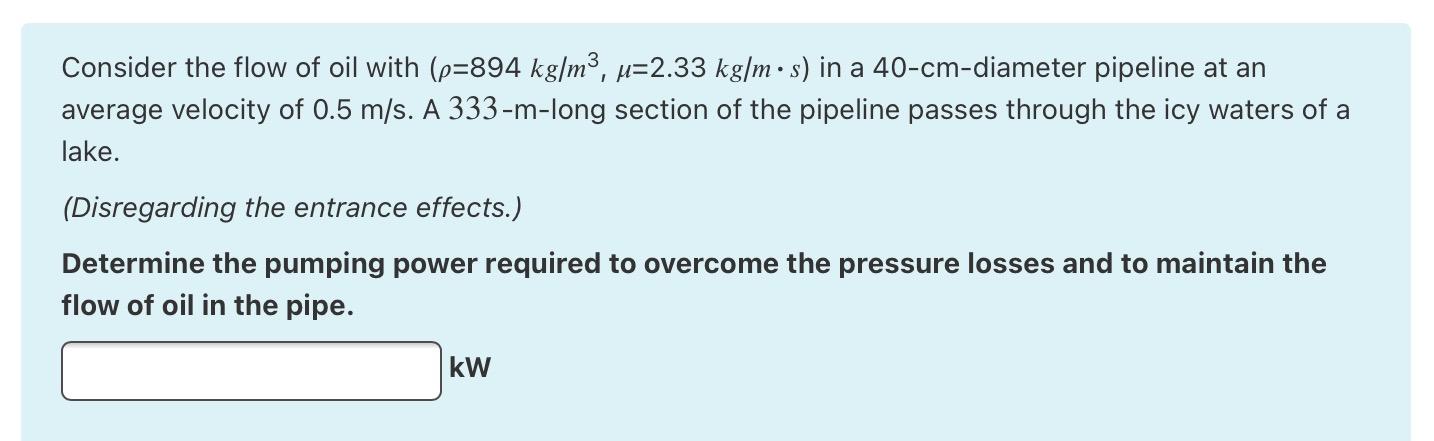 Solved Consider the flow of oil with (p=894 kg/m3, u=2.33 | Chegg.com