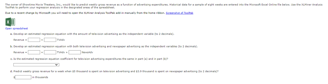 Solved Toolpak to perform your regression analysis in the | Chegg.com