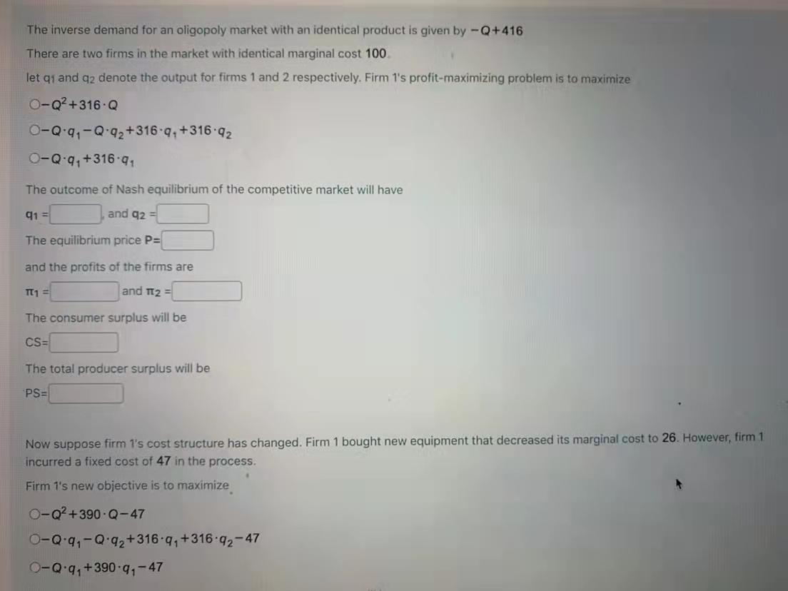 Solved The inverse demand for an oligopoly market with an | Chegg.com