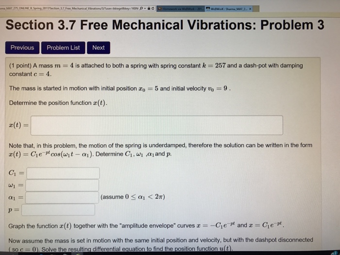 Solved Section 3.7 Free Mechanical Vibrations: Problem 3 | Chegg.com